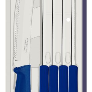 Tramontina Kitchen Knives Set of 6, Serrated Fruit Tomato Cooking Knife, Vegetable Chopper Peeler, Stainless Steel, Multipurpose, Rounded Tip, Blue, 23498155