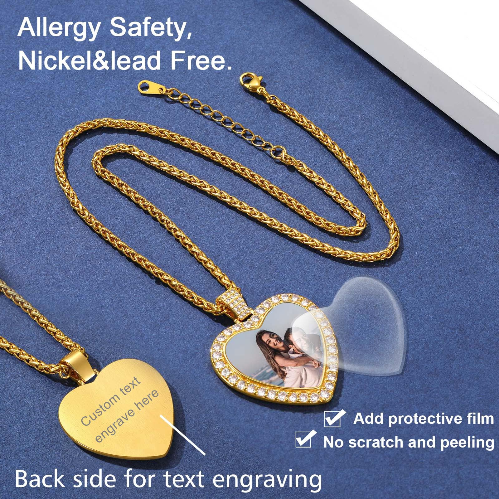 Custom Necklace with Picture Inside Photo Necklace Personalized Memorial Heart Necklaces for Women Bling CZ 18K Gold Plated Fake Gold Pendant Engraved 18'' 22'' Keepsakes Hiphop Jewelry for Lover Mother Gift for Family Couples