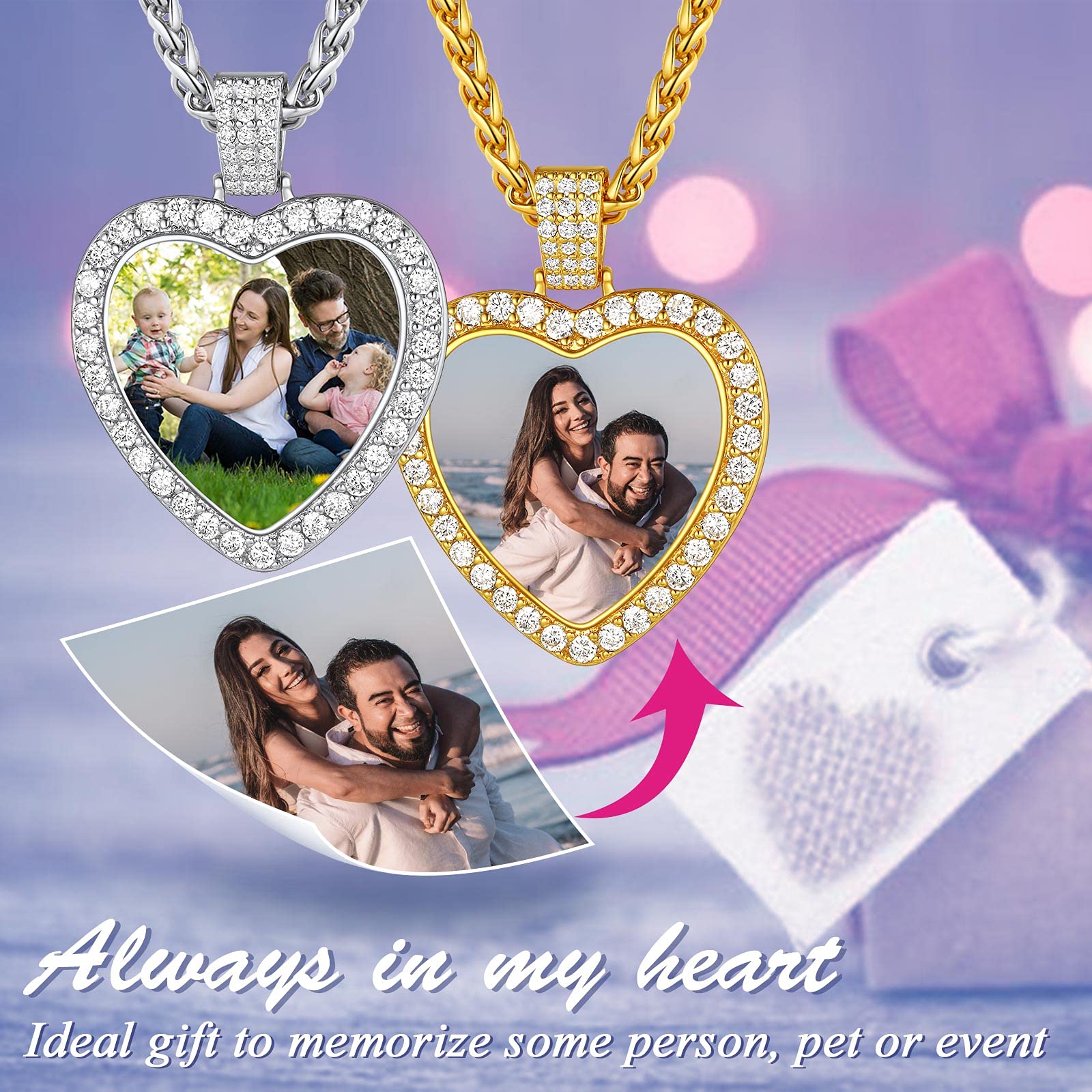 Custom Necklace with Picture Inside Photo Necklace Personalized Memorial Heart Necklaces for Women Bling CZ 18K Gold Plated Fake Gold Pendant Engraved 18'' 22'' Keepsakes Hiphop Jewelry for Lover Mother Gift for Family Couples