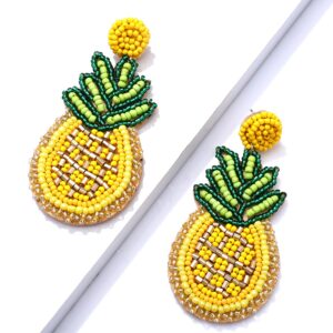 Beaded Dangle Earrings Handmade Bead Avocado Pineapple Watermelon Earrings Bohemia Statement Fruit Drop Earrings Summer Beach Jewelry Gifts (A Yellow Pineapple)