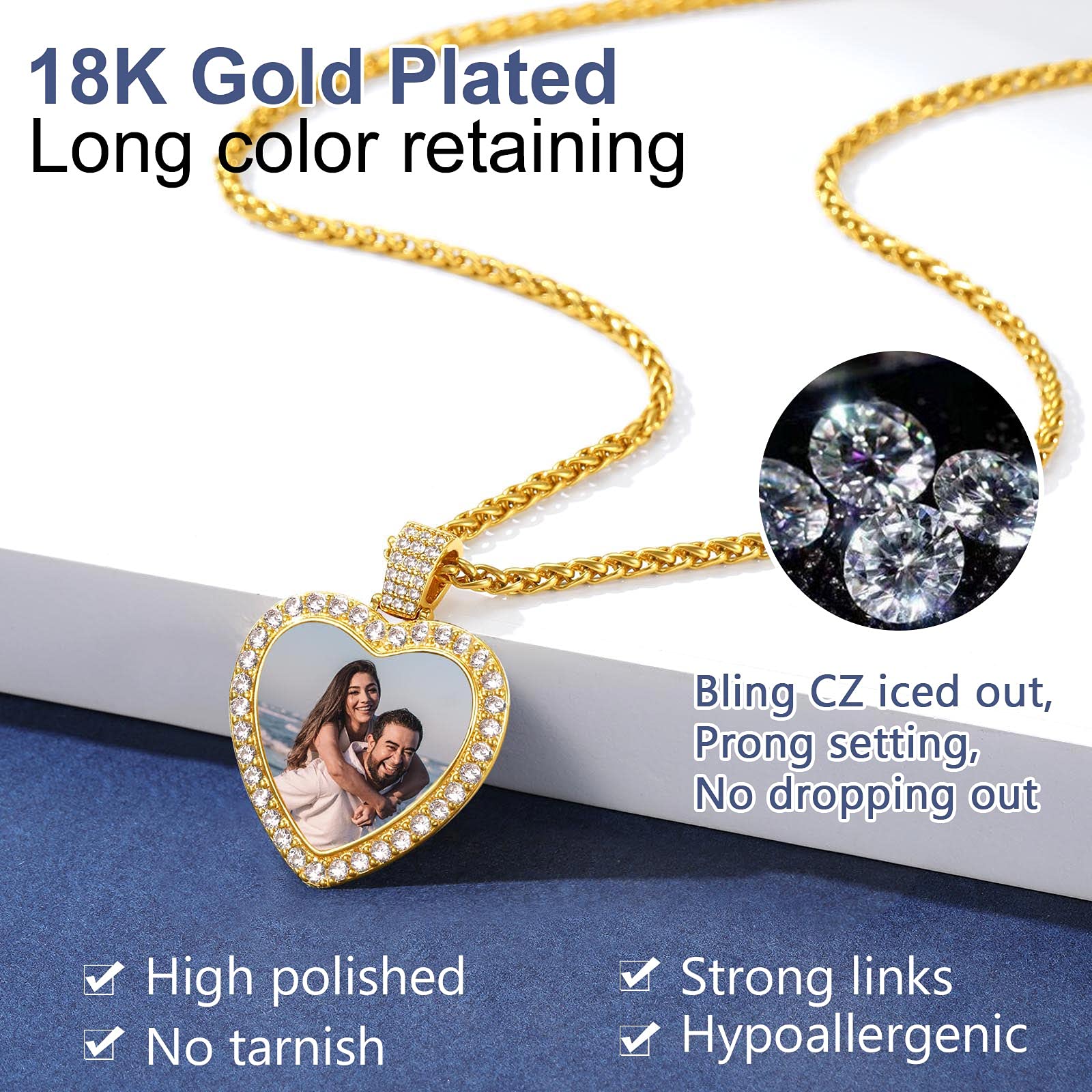 Custom Necklace with Picture Inside Photo Necklace Personalized Memorial Heart Necklaces for Women Bling CZ 18K Gold Plated Fake Gold Pendant Engraved 18'' 22'' Keepsakes Hiphop Jewelry for Lover Mother Gift for Family Couples