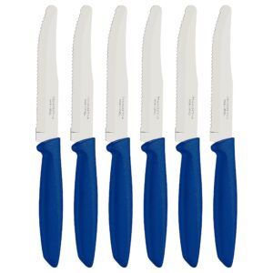 tramontina kitchen knives set of 6, serrated fruit tomato cooking knife, vegetable chopper peeler, stainless steel, multipurpose, rounded tip, blue, 23498155