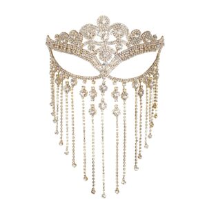 minesign masquerade mask chain for women boho tassel head chain vintage rhinestone halloween face jewelry for party cosplay gold