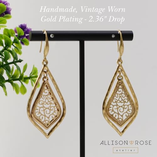 ALLISON ROSE ATELIER – Women's Boho Dangle Earrings – Worn Gold Plating with Filigree Design Medallion in a Chandelier Shape – 2.36” Length. Lightweight Bohemian Dangle Earrings for Women