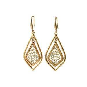 allison rose atelier – women's boho dangle earrings – worn gold plating with filigree design medallion in a chandelier shape – 2.36” length. lightweight bohemian dangle earrings for women