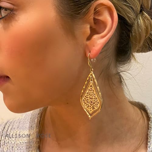 ALLISON ROSE ATELIER – Women's Boho Dangle Earrings – Worn Gold Plating with Filigree Design Medallion in a Chandelier Shape – 2.36” Length. Lightweight Bohemian Dangle Earrings for Women