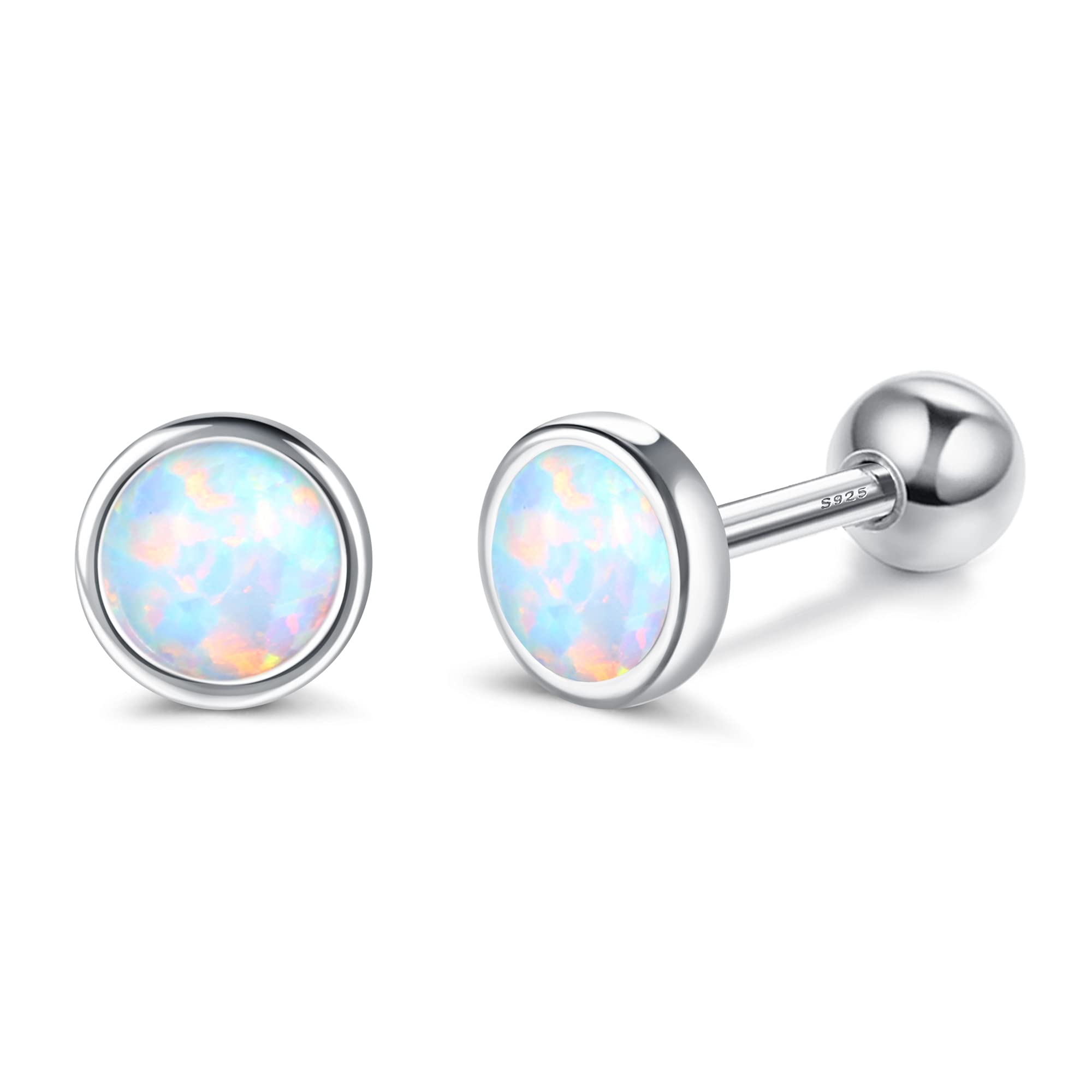 Milacolato 925 Sterling Silver Stud Earrings 18K White Gold Plated Hypoallergenic Gemstone Stud Earrings 4mm Created-Opal Stud Earrings for Women