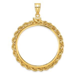 roy rose jewelry gold coin mounting | mexican 50 peso coins | 37mm | screw top | rope, twisted rope border edge bezel pendant frames | solid 14k gold