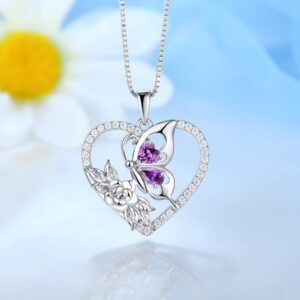 YL Women's Butterfly Necklace 925 Sterling Silver Flower Rose Pendant Created Amethyst Halo Jewelry