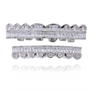 lkv silver teeth grillz for men and women, hip hop iced out diamond mouth grills for your teeth top & bottom, rapper costume teeth grillz with extra molding bars