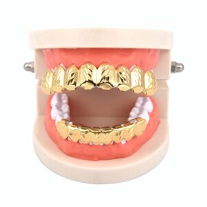 LKV 14K Plated Gold Hip Hop Rugged 8 Teeth TOP and Bottom Grillz for Your Teeth Set for Men and Women