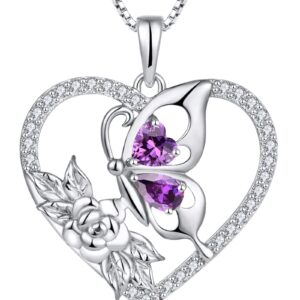 YL Women's Butterfly Necklace 925 Sterling Silver Flower Rose Pendant Created Amethyst Halo Jewelry