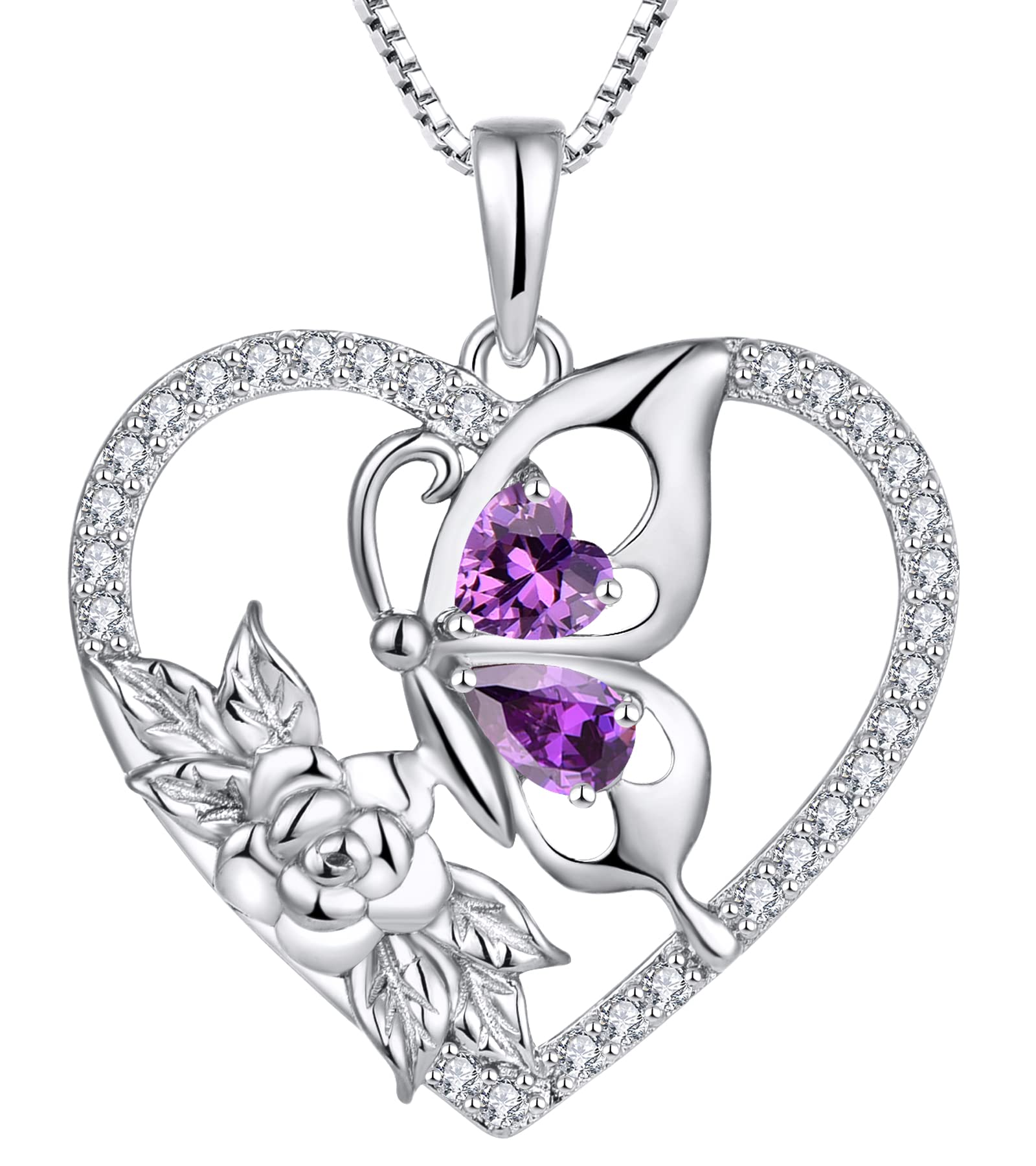 YL Women's Butterfly Necklace 925 Sterling Silver Flower Rose Pendant Created Amethyst Halo Jewelry