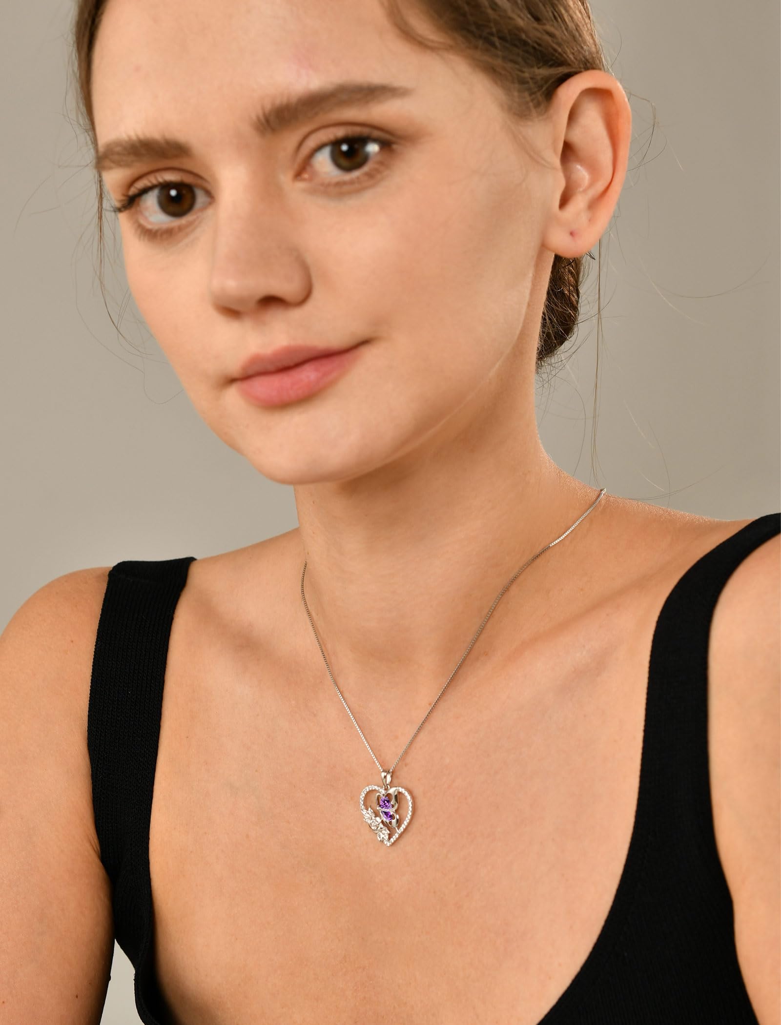 YL Women's Butterfly Necklace 925 Sterling Silver Flower Rose Pendant Created Amethyst Halo Jewelry