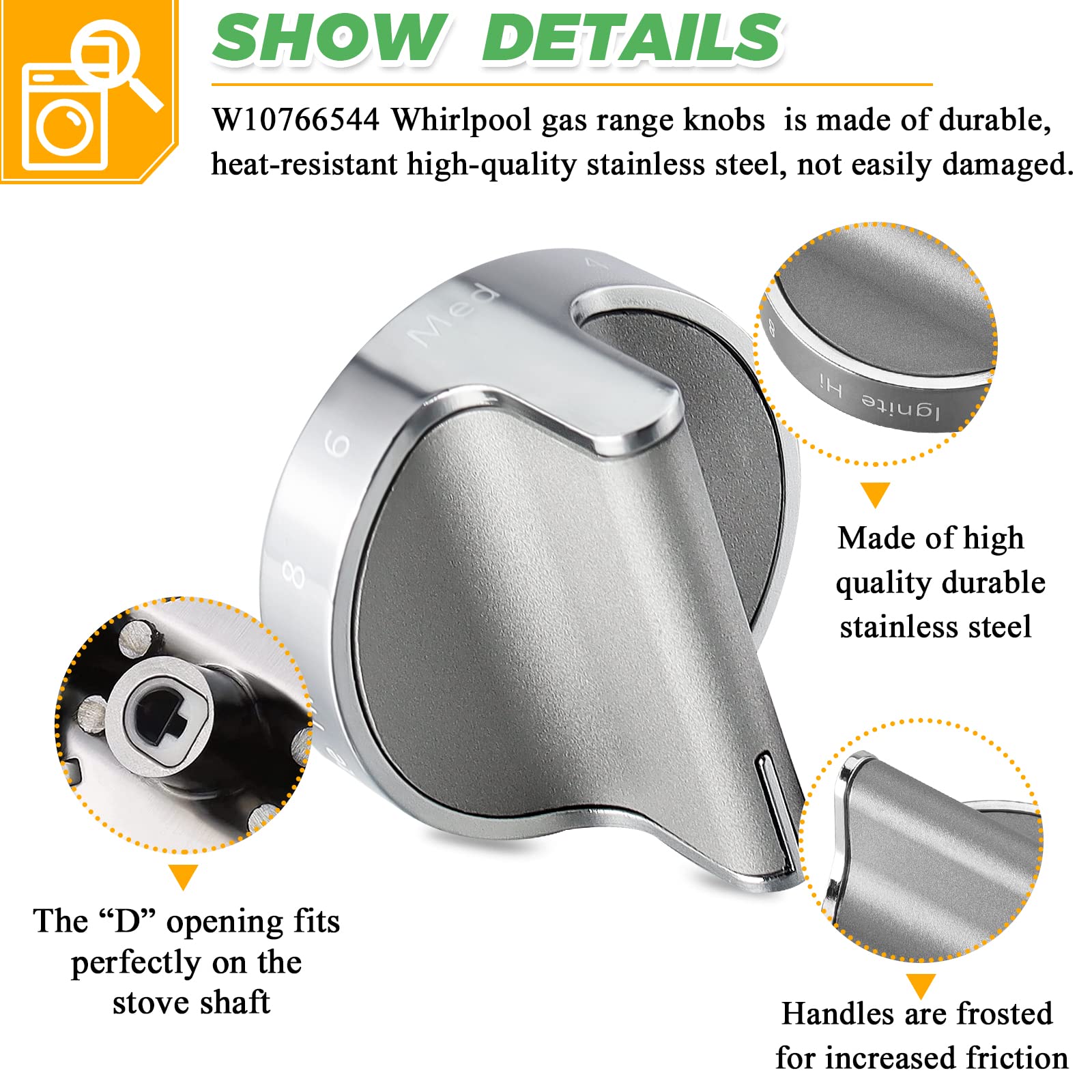 Techecook Upgraded W10766544 Gas Stove Knobs Replacement for WFG540H0ES0 WFG540H0ES1 Whirlpool Gas Range Knobs, Replace W10430807 W10676228 AP5958476 4248219 EAP10067059 PS10067059 (5PACKS)