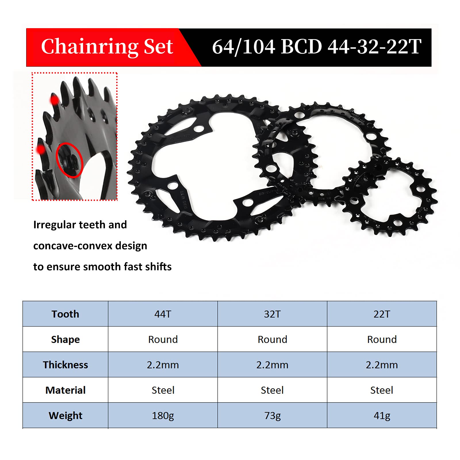 BUCKLOS MTB Crankset Square Taper with 22/24/26/32/38/42/44T Chainring Set, 170mm 104/64 BCD Hybrid Mountain Bike Crankset 8/9/10 Speed Compatible with Shimano Sram FSA.