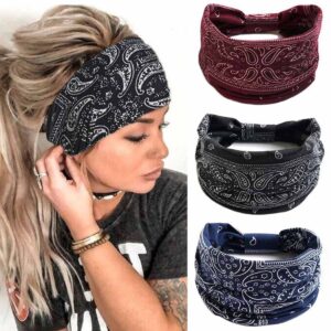 cakure boho wide headbands knotted turban african yoga hairbands stretch elastic motorcycle hair accessories for women and girls pack of 3 (set-1)