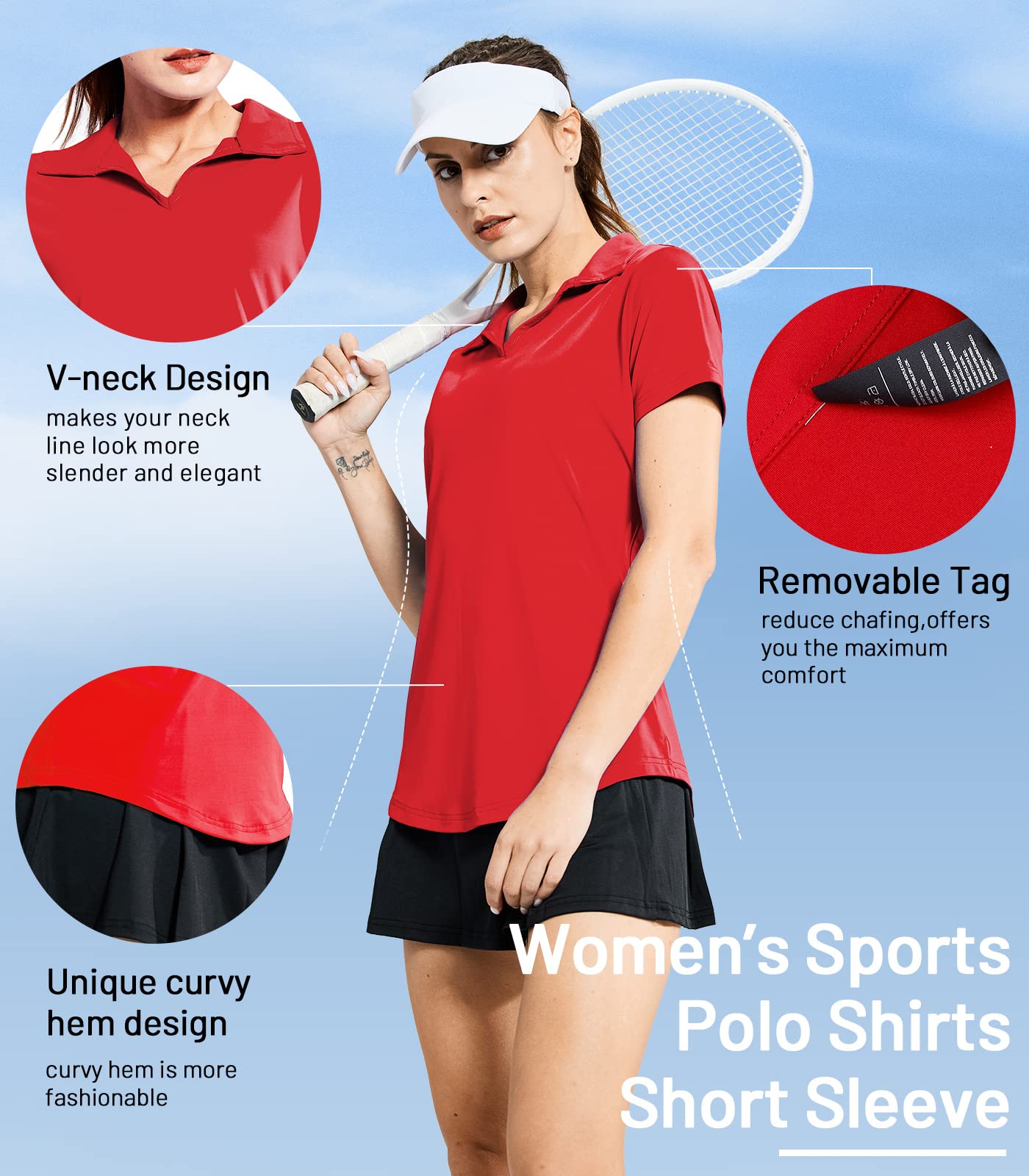 MIER Women's Golf Polo Shirts Collared V Neck Short Sleeve Tennis Shirt, Dry Fit, Moisture Wicking, Red, XL