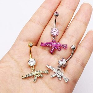 JLEXCMT Fashion Dangle Navel Ring Clear Gem Gun Belly Button Ring Body Piercing Jewelry for Women Belly Piercing Gold Silver