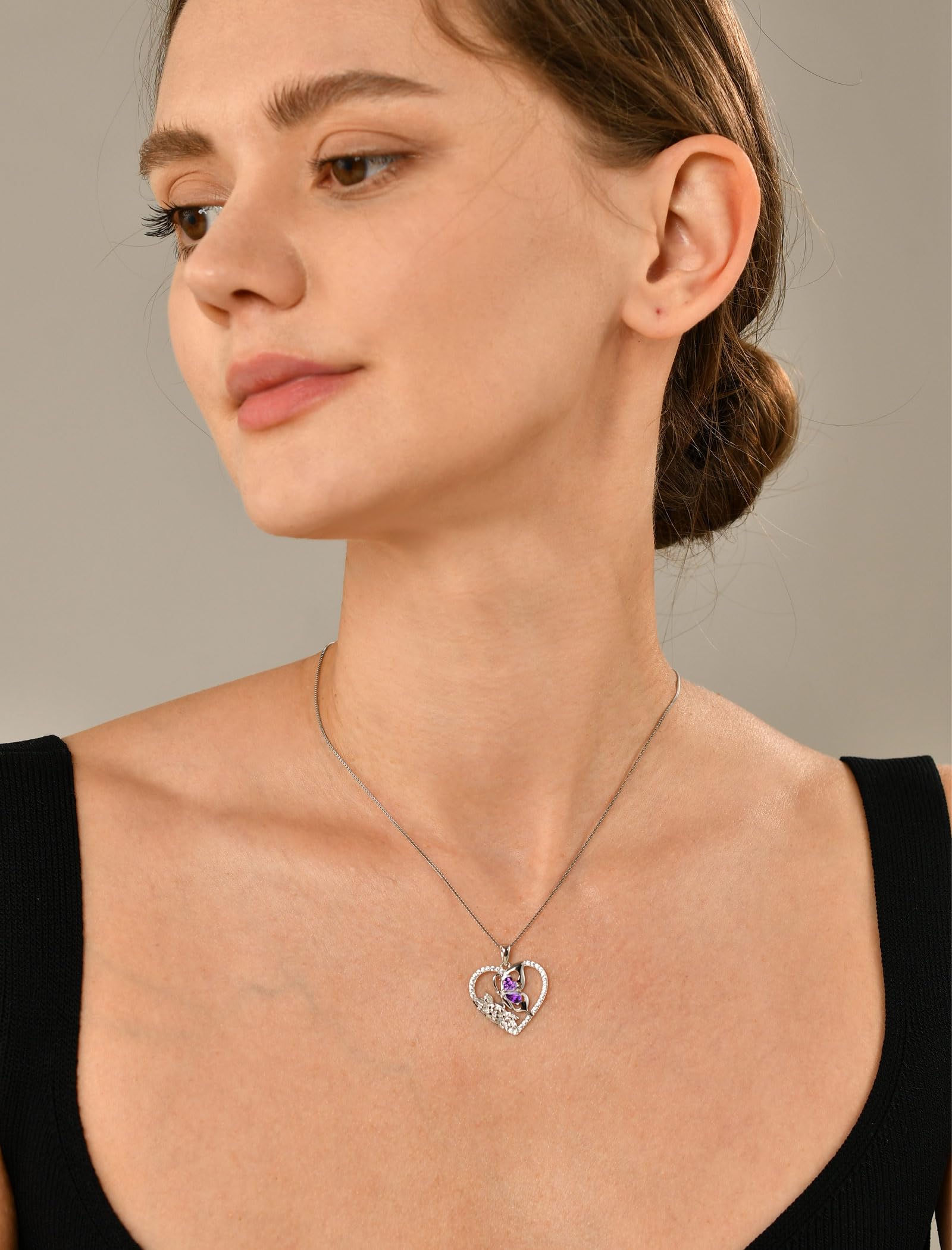 YL Women's Butterfly Necklace 925 Sterling Silver Flower Rose Pendant Created Amethyst Halo Jewelry