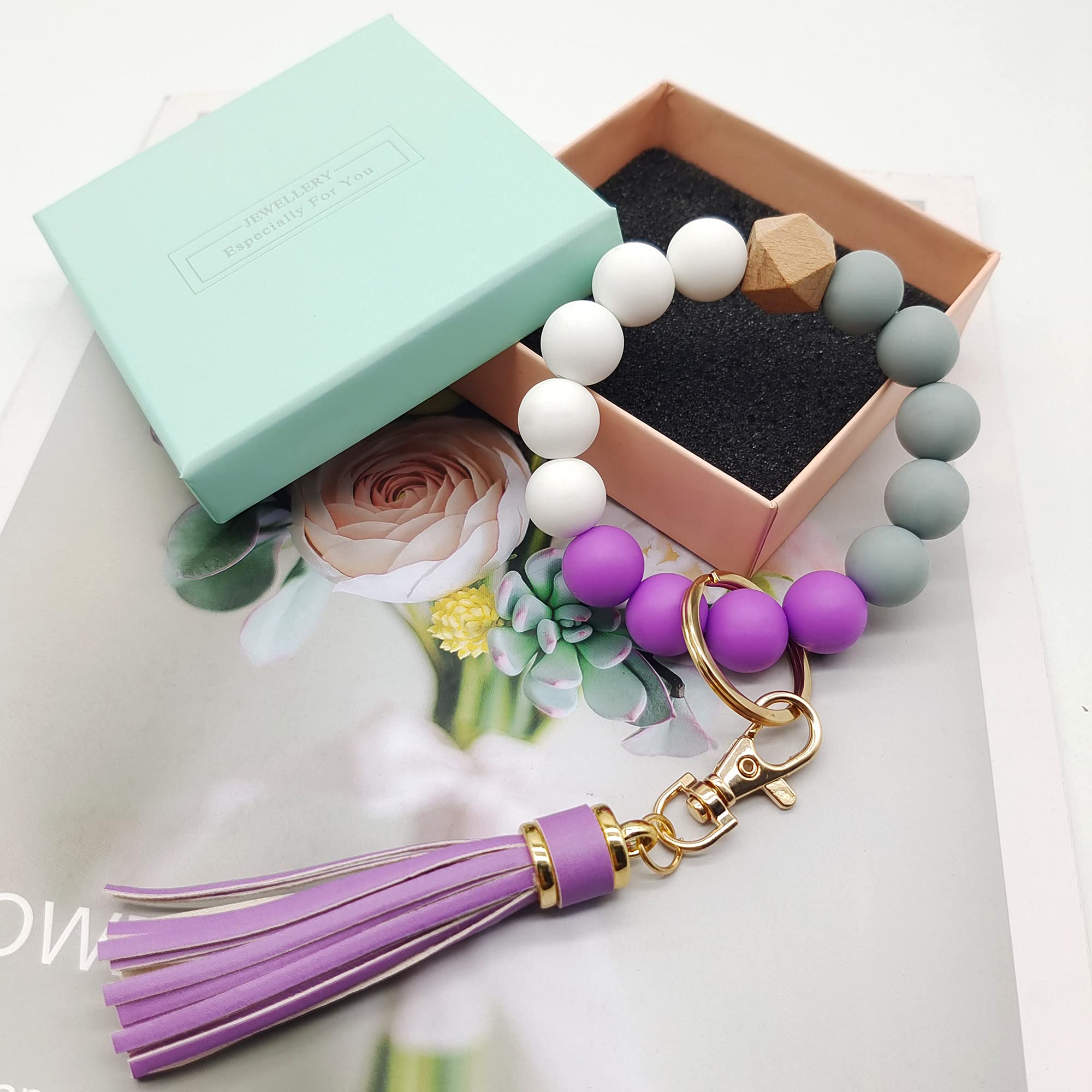 FIVWIN Silicone Keychain Bracelet for Women Beaded Keyring Wristlet House Car Keys Ring Holder with Gift Box (K-Morandi Purple)