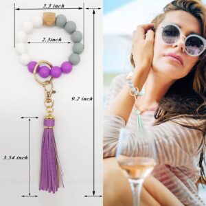 FIVWIN Silicone Keychain Bracelet for Women Beaded Keyring Wristlet House Car Keys Ring Holder with Gift Box (K-Morandi Purple)