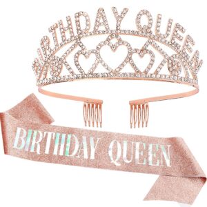 birthday crowns for women, didder rose gold birthday sash & queen rhinestone tiara kit, tiaras and crowns for women birthday tiara for women girls birthday girl crown for gift party cake toppers