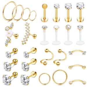 ubjuliwa 27pcs 16g cartilage earrings stud hoop for women stainless steel forward helix piercing tragus earrings conch piercing jewelry gold tone