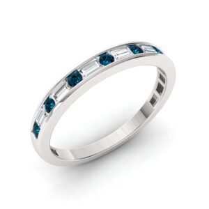 diamondere baguette natural and certified london blue topaz and baguette diamond wedding ring in 14k white gold | 0.44 carat half eternity stackable band for women, us size 6.5