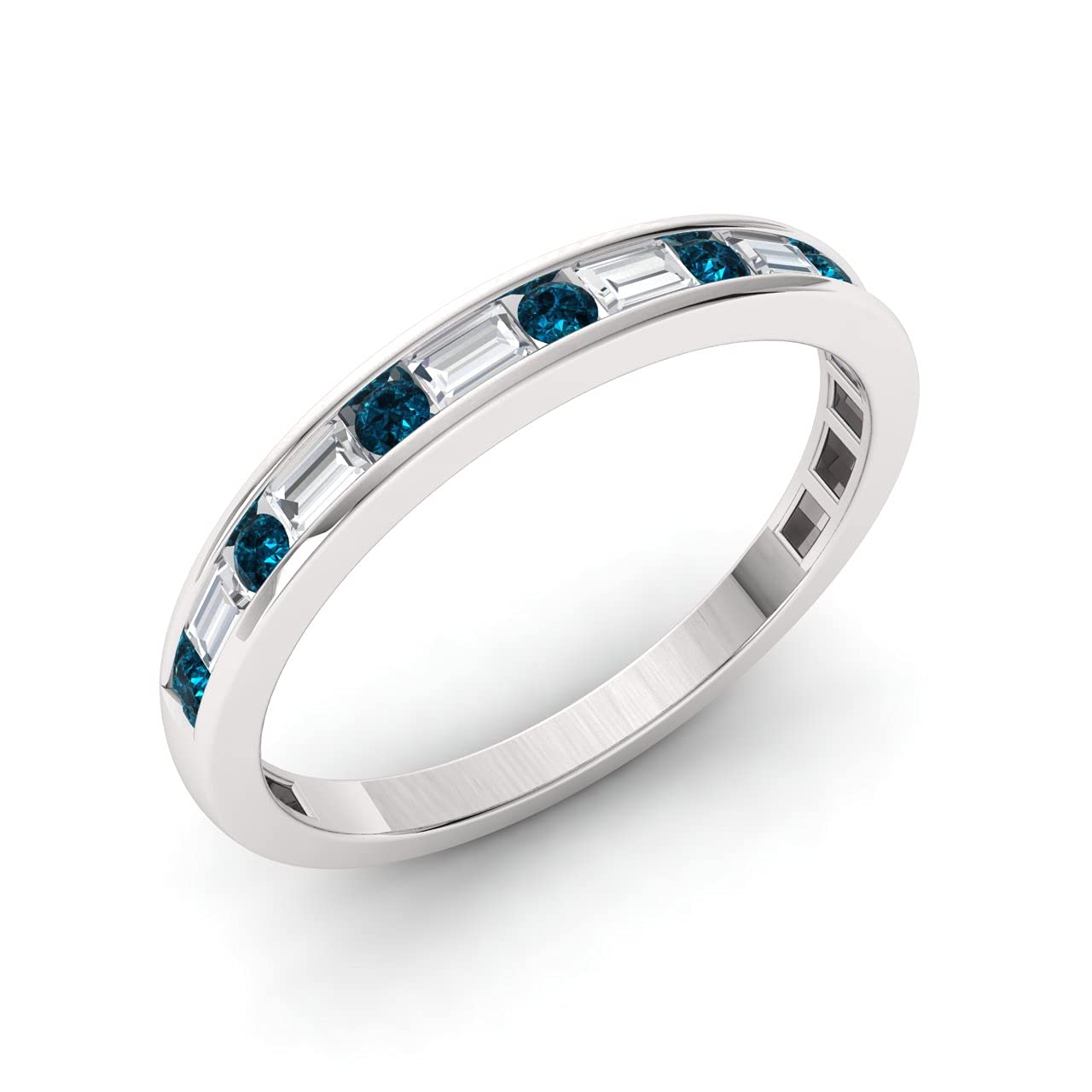 Diamondere Baguette Natural and Certified London Blue Topaz and Baguette Diamond Wedding Ring in 14K White Gold | 0.44 Carat Half Eternity Stackable Band for Women, US Size 6.5