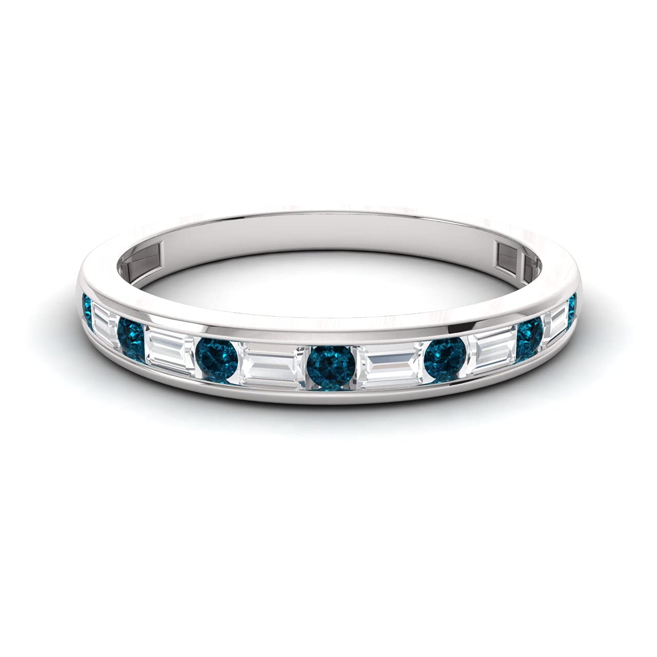 Diamondere Baguette Natural and Certified London Blue Topaz and Baguette Diamond Wedding Ring in 14K White Gold | 0.44 Carat Half Eternity Stackable Band for Women, US Size 6.5