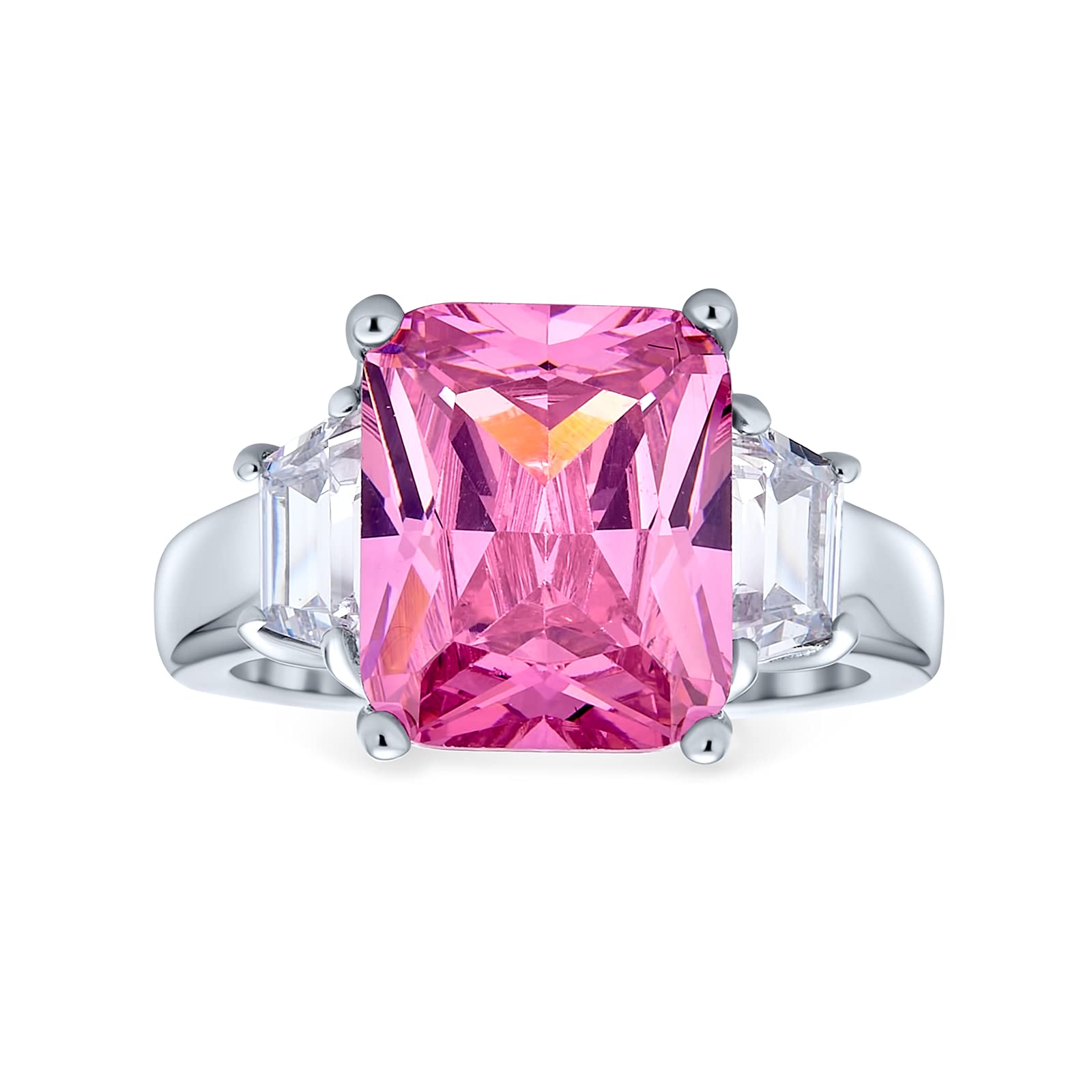 Art Deco Style .925 Sterling Silver 8CTW Pink AAA CZ Rectangle Emerald Cut Cocktail Statement Engagement Ring For Women Cubic Zirconia Baguette Side Stones