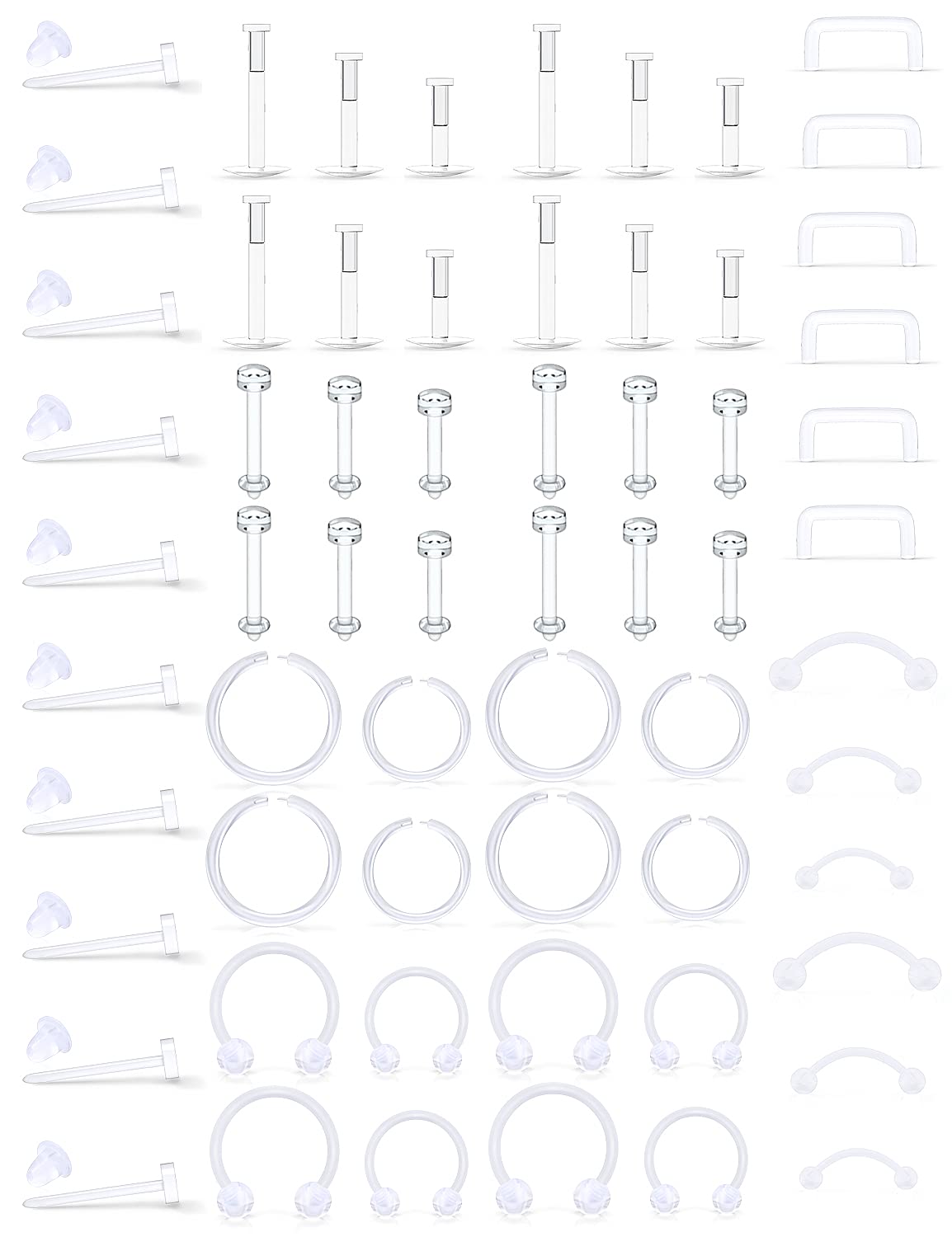 Lcolyoli Mix Set Clear Piercing Retainers Flexible Lip Rings Ear Cartilage Rook Daith Conch Tragus Earrings Plastic Helix Piercing Jewelry for Work Sports Women Men