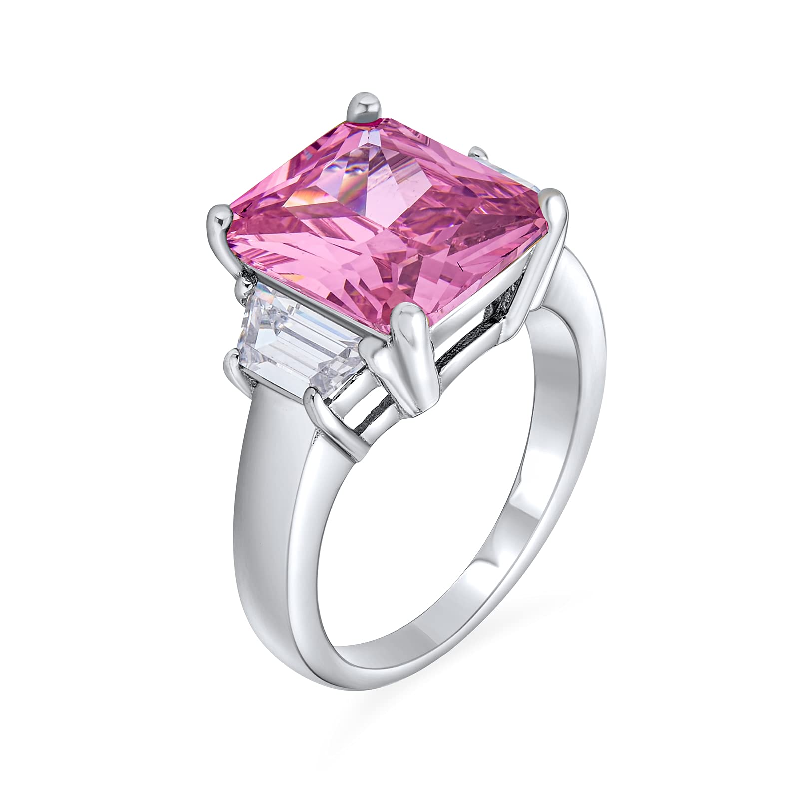 Art Deco Style .925 Sterling Silver 8CTW Pink AAA CZ Rectangle Emerald Cut Cocktail Statement Engagement Ring For Women Cubic Zirconia Baguette Side Stones