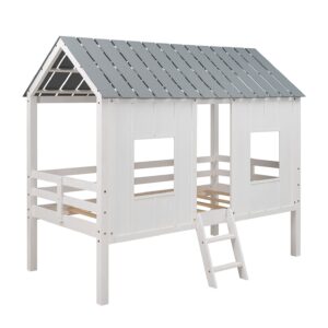 SOFTSEA Low House Loft Bed of Kids Bedroom, Wood Low Loft Bed with Windows and Roof, Wood Slats and No Box Spring Needed