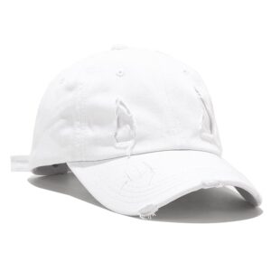 ripped patch baseball cap vintage distressed low profile unstructured cotton dad hat adjustable for women men (white)