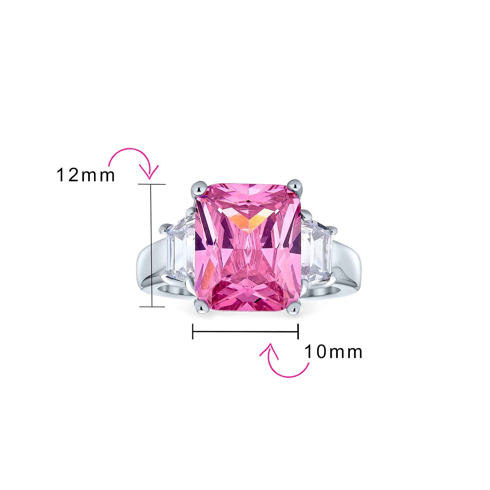 Art Deco Style .925 Sterling Silver 8CTW Pink AAA CZ Rectangle Emerald Cut Cocktail Statement Engagement Ring For Women Cubic Zirconia Baguette Side Stones