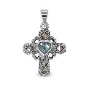 withlovesilver sterling silver 925 celtic cross with 5mm heart cz and square marcasites pendant (aqua glass)