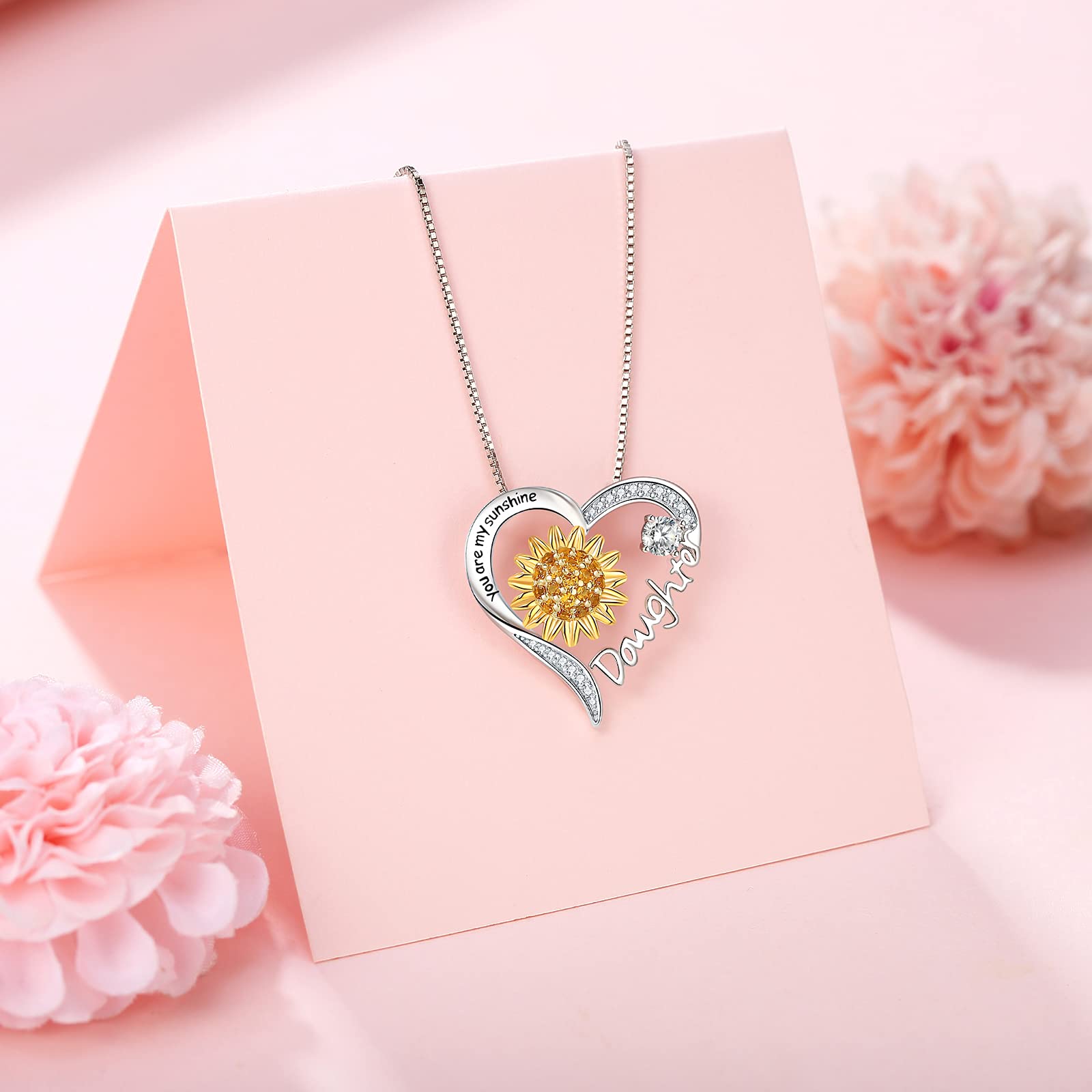 URMWMOO Daughter Necklace S925 Sterling Silver Sunflower You are My Sunshine Heart Pendant Necklaces Daughter Jewelry Birthday Christmas Mothers Day Gifts for Daughter Women