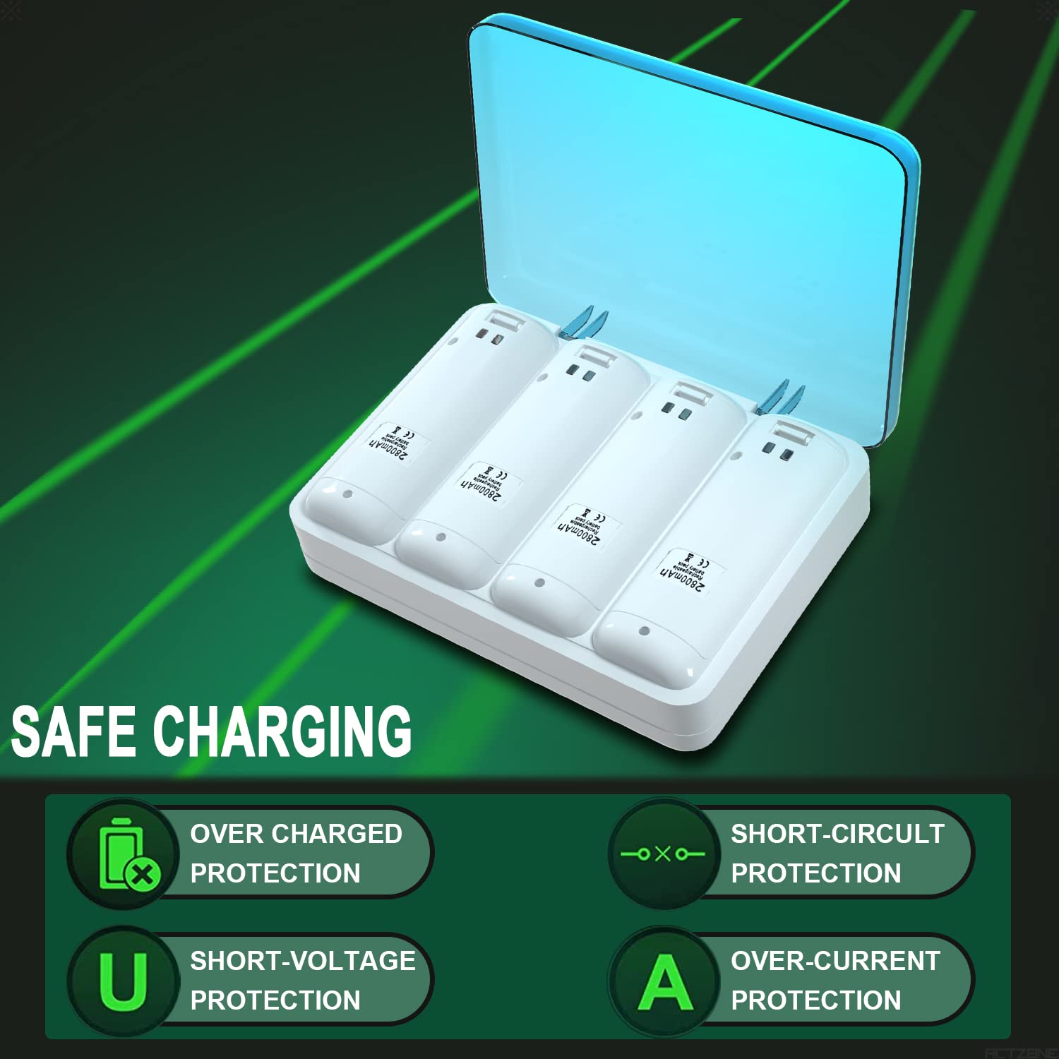 ActZone 4-in-1 Charging Station 4 port Charger Dock Box with 4 Rechargeable 2800 mAh Battery + USB Cable Compatible for Wii/Wii U Remote Controller White