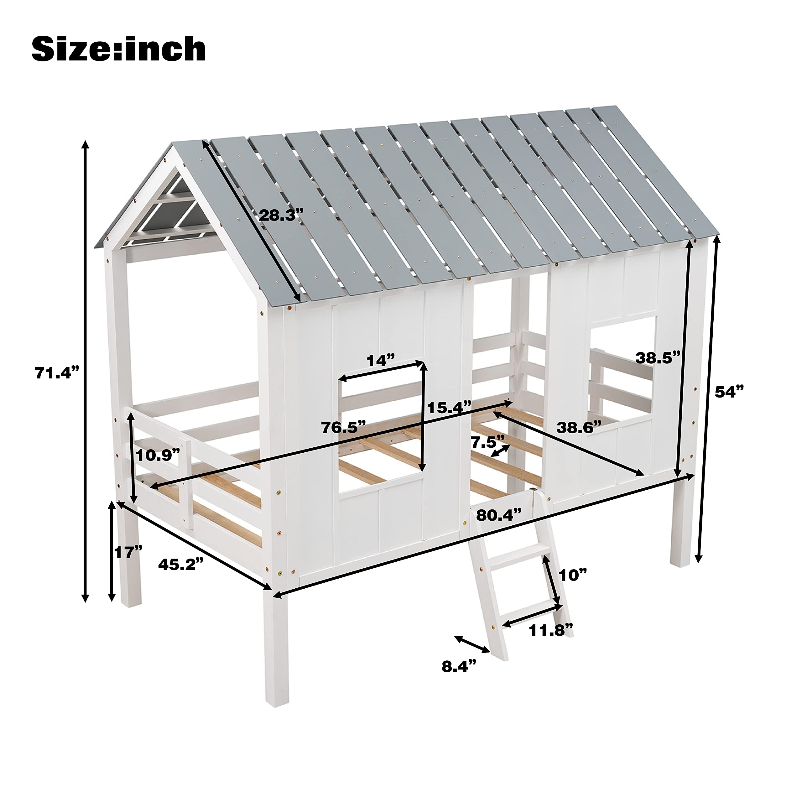 SOFTSEA Low House Loft Bed of Kids Bedroom, Wood Low Loft Bed with Windows and Roof, Wood Slats and No Box Spring Needed