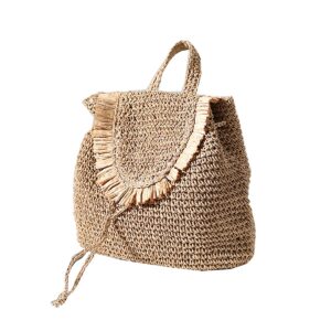 erichman women fashion straw handmade crochet backpack flap drawstring shoulders bag casual beach daypack (brown,one size)