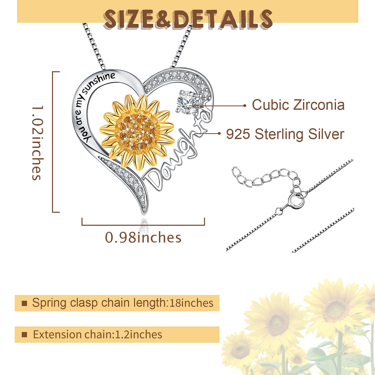 URMWMOO Daughter Necklace S925 Sterling Silver Sunflower You are My Sunshine Heart Pendant Necklaces Daughter Jewelry Birthday Christmas Mothers Day Gifts for Daughter Women