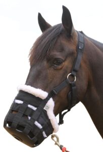 t teke deluxe horse grazing muzzle fleece fur lined around, full adjustable with neoprene cushion pad on crown & chin for comfort