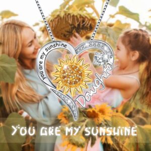 URMWMOO Daughter Necklace S925 Sterling Silver Sunflower You are My Sunshine Heart Pendant Necklaces Daughter Jewelry Birthday Christmas Mothers Day Gifts for Daughter Women