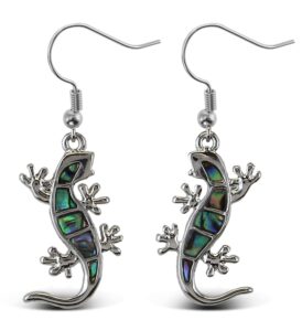 aqua79 gecko earrings jewelry - authentic dangle hook earrings made with natural paua abalone shell - unique colorful jewel for women & teens for daily, casual & formal occasions