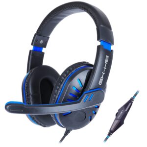 enhance gx-h5 gaming headset with microphone - universal gaming headset for ps4, ps5, xbox, pc, switch with adjustable headband, volume controller, usb sound-isolating earcups, splitter cable (blue)