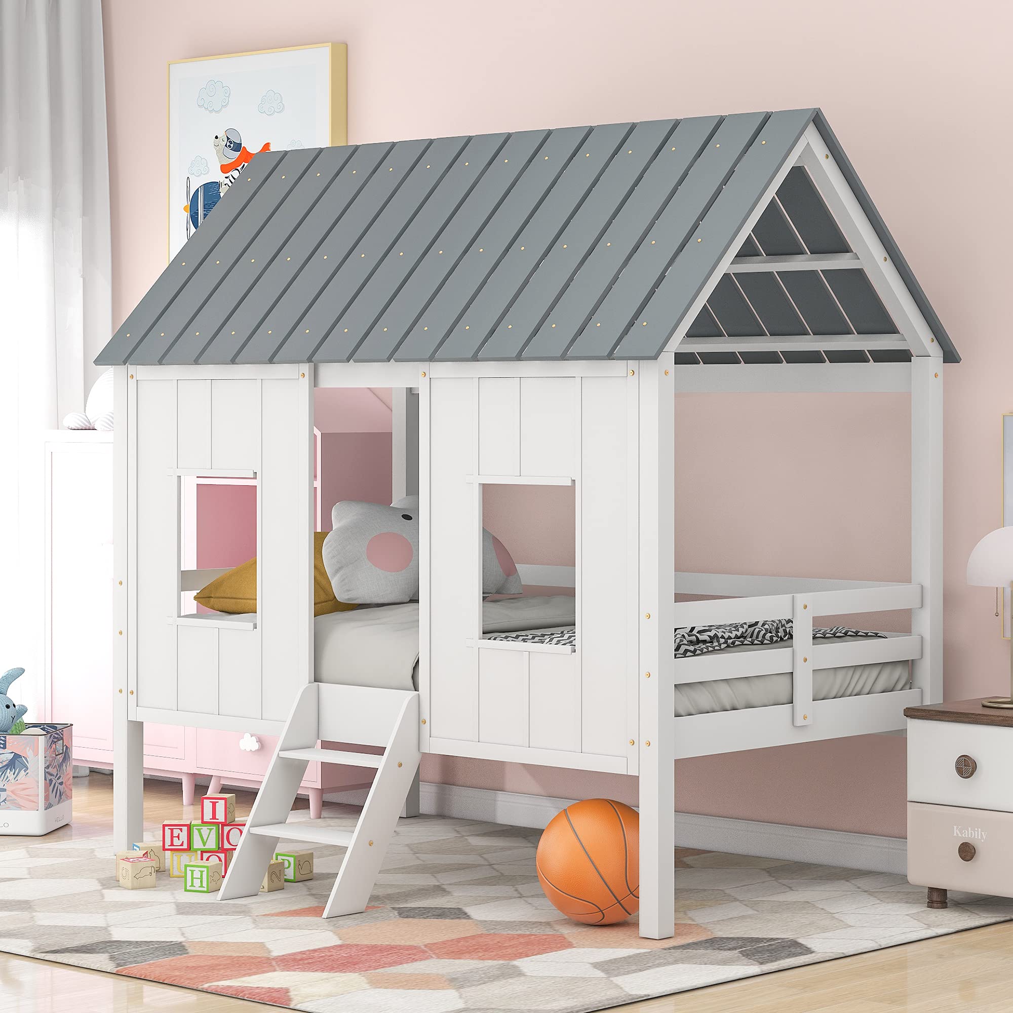 SOFTSEA Low House Loft Bed of Kids Bedroom, Wood Low Loft Bed with Windows and Roof, Wood Slats and No Box Spring Needed