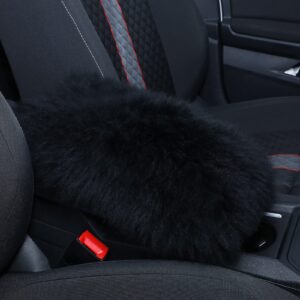 frienda furry armrest cover auto center armrest cover car soft console pad, real sheepskin wool soft fluffy auto center console cover for most car decoration protector (black)