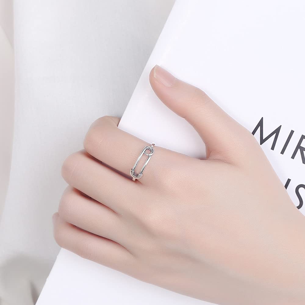 Izpack Simple Safety Pin Open Finger Band Sterling Silver 925 Adjustable Minimalist Paperclip Statement Stackable Ring Knuckle Eternity Rings Tail Ring Cute Jewelry Gifts for Women Birthday BFF